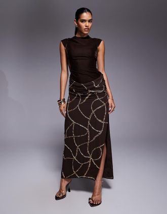 Asos Robe avec corsage ajusté en velours et jupe drapée effet superposé à ornements - Chocolat-Brown