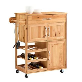 SoBuy Meuble Cuisine &agrave; roulettes en Bois Massif avec Plan de Travail Desserte Cuisine avec Range-Bouteilles, &icirc;lot Central Compact pour Cuisine, Salle &agrave; Mang