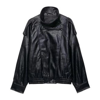 Generic Veste &agrave; col montant en cuir synth&eacute;tique pour femme, fermeture &eacute;clair lat&eacute;rale, manches longues, automne et hiver, Noir, XS