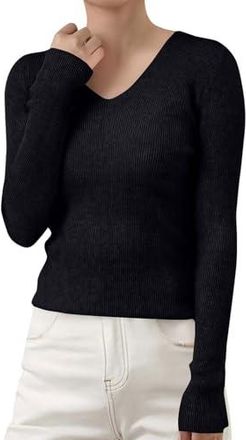 Generic Pull pour femme - Automne et hiver - Couleur unie - Col en V - Coupe ajust&eacute;e - Doux et confortable - Haut d&eacute;contract&eacute; &agrave; manches longues - Chemisier ex
