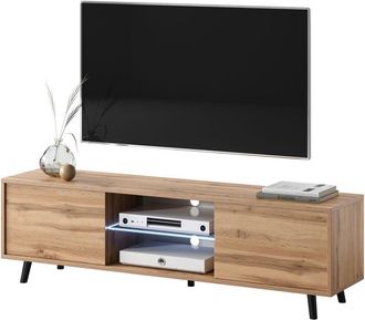 Selsey Selsey - Meuble TV moderne 140 cm en ch&ecirc;ne wotan - &Eacute;clairage LED - 2 compartiments ferm&eacute;s et 2 niches ouvertes - Finition mate