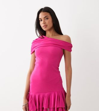 KAIIA Exklusives Minikleid in Pink aus strukturiertem Netzstoff mit drapiertem Off-Shoulder-Design und gestuftem R&uuml;schensaum-Rosa