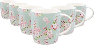 Nicola Spring 350ml Simply Home Steinzeugbecher - Grün Blumen - 6X Groß Wiederverwendbar Niedlich Keramik Farbig Kaffee Latte Heiße Getränke Teetassen-Set mit Griff