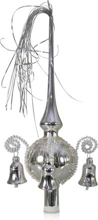 Lauschaer Glas Weihnachtsbaumspitze mit Glöckchen Silber, umsponnen L ca. 28cm d(Kugel) 7cm Christbaumschmuckspitze mundgeblasen,handdekoriert,Leonischer Draht