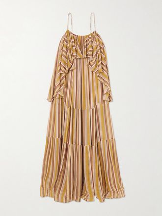 Zimmermann Robe Midi En Cr&ecirc;pe De Chine &Agrave; Rayures Et &Agrave; Volants Rebellion - Jaune