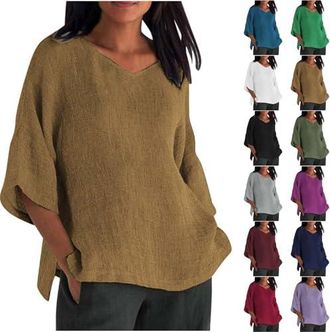 Generic Chemisier en lin pour femmes, manches 3/4 T-shirt grande taille T-shirt Tops Chemises d&eacute;contract&eacute;es en coton, col rond, chemise ample, T-shirts surdim