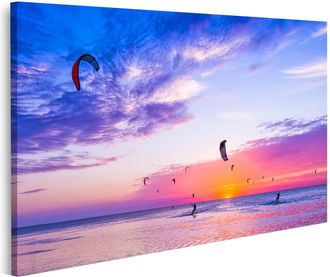 Islandburner Bild auf Leinwand Kite-Surfen Silhouette bei Sonnenuntergang Bilder Drucke für Wohnzimmer Büro