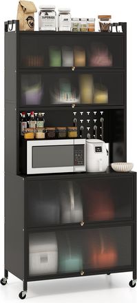 Costway K&uuml;chenschrank mit Rollen, Buffetschrank mit Arbeitsplatte, Lochwand, Haken, transparenten T&uuml;ren, f&uuml;r Mikrowelle, Aufbewahrungsschrank f&uuml;r K&uuml;che, Esszi