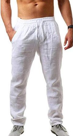 Onsoyours Homme Été Pantalon en Lin Loisir Confortable Respirant Couleur Unie Lâche Plage Pantalons De Sportif A Blanc S