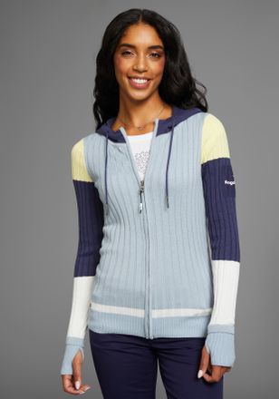 Kangaroos Kapuzenstrickjacke KANGAROOS, Damen, Gr. 32/34, blau (blau, wei&szlig;), Rippstrick, Obermaterial: 50% Baumwolle, 50% Polyacryl, sehr figurbetont h&uuml;ftbedeck
