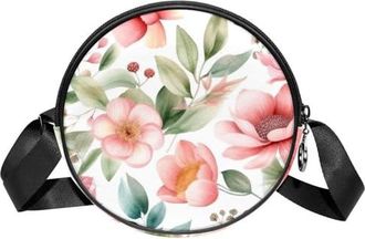 Generic Petit sac &agrave; bandouli&egrave;re circulaire pour femme, motif feuilles florales, sac &agrave; dos avec fermeture &eacute;clair, bretelles r&eacute;glables, sac &agrave; main rond d&eacute;contra