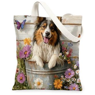 Generic Sac fourre-tout en toile motif chien de Collie printanier pour faire du shopping, 33 x 38,1 cm, joli sac &agrave; bandouli&egrave;re r&eacute;utilisable en bois de fleur r