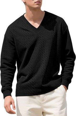 Generic Pull à col rond pour homme - Pull décontracté texturé à col en V - Pull à manches longues - Pull léger à manches longues - Sweat-shirt décontracté, No