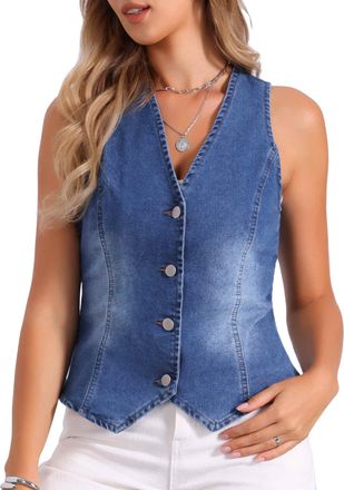 Allegra K Damen Jeansweste mit V-Ausschnitt Knopfleiste Modische Elegant &Auml;rmellos Denim Weste Jacke Blau XS