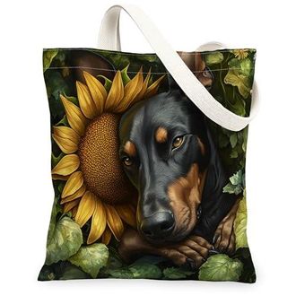 Generic Sac fourre-tout en toile motif doberman printanier, 33 x 38,1 cm, motif imprim&eacute; tournesol, feuille de tournesol, chiot r&eacute;utilisable, pour femme, motif