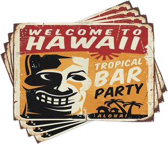 Abakuhaus Tiki Bar Platzmatten, Tropic Bar-Party, Waschbare Stoff Esszimmer Küche Tischdekorations Digitaldruck, Rot Aprikose