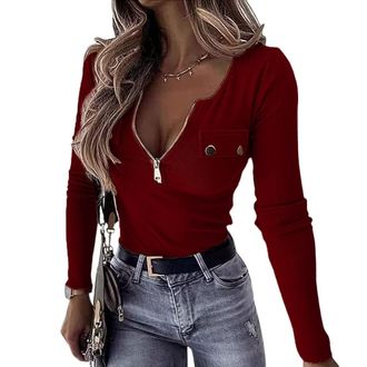 Onsoyours Minetom Tunika Damen Langarmshirt Sexy Elegante Oberteile V-Ausschnitt mit 1/2 Rei&szlig;verschluss T-Shirt Langarm Hemden Halber Zip Langarmshirts Einfarbi