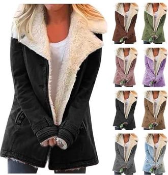 Generic Veste chaude doublée en peluche pour femme, grande taille, manteau dhiver coupe-vent en fausse fourrure, boutons, Noir, XXL