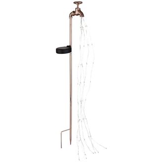 ETC Shop Solar Wasserhahn Deko Garten Wasserhahn mit Licht Außen Solar Gartenstecker für Außen, Feuereffekt, Metall gold, 60x LED warmweiß, LxBxH 11x6x80 cm