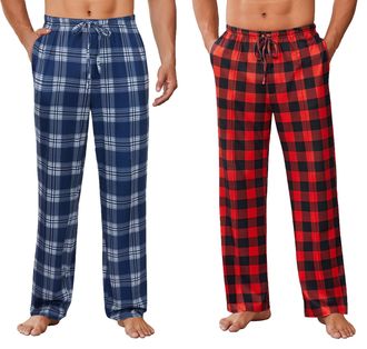 Ekouaer Schlafanzughose Herren Lang Bequeme Atmungsaktiv mit Taschen Pyjama Hose Schlafen Loungewear Bottoms,Karierte Rot+Karierte Blau S