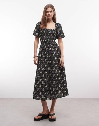 Daisy Street Gesmoktes Maxikleid in Schwarz mit Puff&auml;rmeln und Bl&uuml;mchenmuster