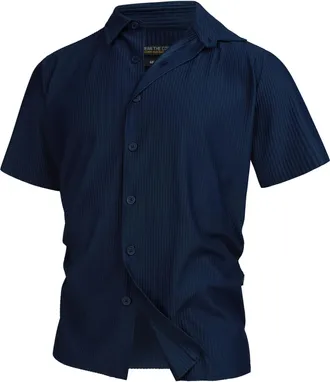 Indicode Herren INLamgo Kurzarmhemd mit Kent-Kragen | Herrenhemd gestreift Kurzarm Hemd Navy, M