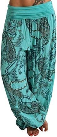 Minetom Femme Harem Pantalon Yoga Sarouel Legers Hippie Baggy Léger Ethnique Calqué Smockée Taille Haute avec Poches Été Plage Pantalon Aladin Jogging B Vert 