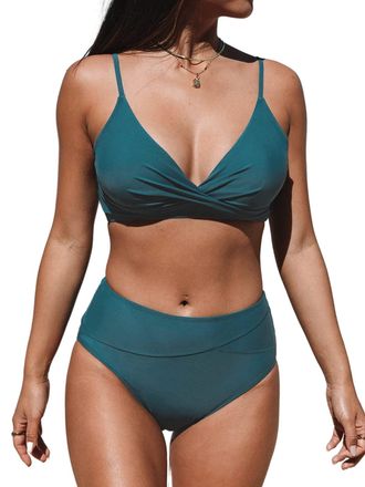 Cupshe Damen Bikini Set Crossover High Waist Bikini Bademode Wickeloptik V Ausschnitt Raffungen Zweiteiliger Badeanzug Swimsuit Ozeanblau XS