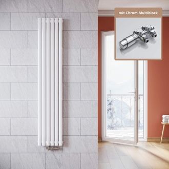 Elegant Lighting Vertikal Heizk&ouml;rper Design Wei&szlig; 1800x354mm mit Multiblock Chrom Thermostat R&ouml;hrenheizk&ouml;rper Doppellagig Badheizk&ouml;rper Mittelanschluss