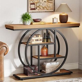 Tribesigns Console de Style Industriel de 105 cm, &agrave; 4 Niveaux avec Base Circulaire, &eacute;troite en Bois avec &eacute;tag&egrave;res de Rangement pour Salon et Couloir (Marron Clai