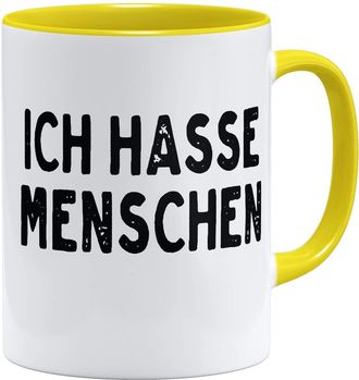 OM3 Ich Hasse Menschen Kaffee-Tasse mit lustigem Spruch - Keramik Becher - 11oz 325ml - Beidseitig Bedruckt - Gelb