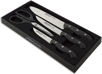Arcos K&uuml;chenmesser-Set 4-teilig - 3 Chefmesser und 1 Schere aus Edelstahl mit ergonomischem Griff aus Polyoxymethylen, Ideal f&uuml;r Fleisch, Fisch und Gem&uuml;se s