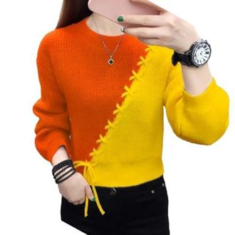 Generic Pull en tricot à manches longues et col rond contrasté pour femme, Orange et jaune., 3XL