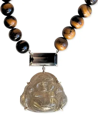 JiaJia collier Happy Buddha en or blanc 14ct &agrave; ornements - Marron