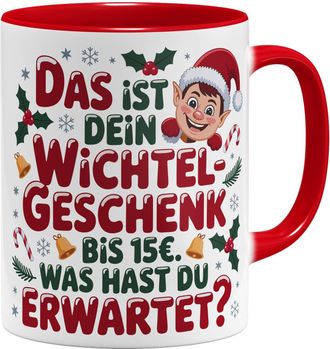 OM3 Lustige Wichtelgeschenk Tasse bis 15 Euro - Humorvolle Spruchtasse f&uuml;r Wichtelrunde - Schrottwichteln - Wichteln - Keramik Becher - 325ml - Beidseitig