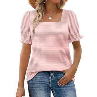 Generic T-shirt d&eacute;contract&eacute; &agrave; col carr&eacute; et manches smock&eacute;es pour femme, haut habill&eacute; et d&eacute;contract&eacute; &agrave; manches volant&eacute;es, rose/rayures, XXL