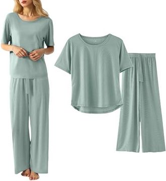 Generic Ensemble de pyjama 2 pièces pour femme 225 - En soie glacée solide - Col en V - Haut à manches courtes et pantalon large - Ensemble de vêtements de nu