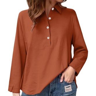 Generic Haut surdimensionné pour femme 2025 en lin à manches boutonnées - Col en V - Confortable - Tenue dété pour entraînement, rouge brique, 3XL