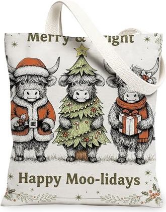 Generic Sacs fourre-tout en toile de vache de No&euml;l, motif animal mignon, sacs d&eacute;picerie r&eacute;utilisables, rustiques, l&eacute;gers et lavables avec bandouli&egrave;re, beige, 