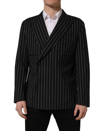 Dolce & Gabbana Mens Black Stripes Wool Double Breasted Jacket Virgin Elastane Clothing