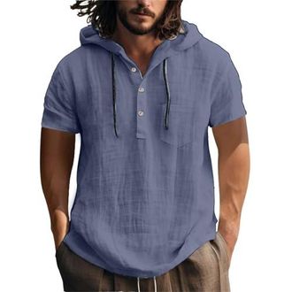 Generic Chemise en lin &agrave; manches courtes pour homme - En coton - Avec boutonni&egrave;re - Coupe droite - Chemise d&eacute;t&eacute; - Chemise d&eacute;t&eacute; - Avec capuche - Couleur unie -
