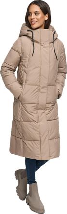 Marikoo Damen Wintermantel (XS-6XL) gesteppt, lange Form, abnehmbare Kapuze, Magnettaschen - N057 - TaupeGrey Gr.XXL - Gr.XXL