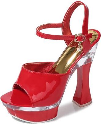 Generic Rouge,41 EU,Plateforme Chunky Talons Hauts pour Femmes Sandales à Talons à Bout Ouvert avec Bride à la Cheville Danseuse Talons Blocs Chaussures de so