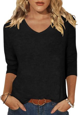 Minetom Shirt 3/4 Arm Damen T-Shirt Sommer V-Ausschnitt Tshirt Basic Casual Oberteil A Schwarz XXL