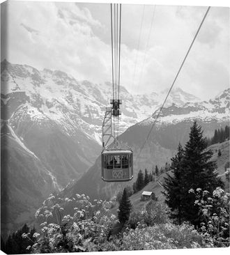 Posterlounge Bergbahn mit Bergpanorama im Sommer Leinwandbild von Vintage Ski Collection 20 x 20 cm Schwarz-Wei&szlig; Wandbilder Wanddeko