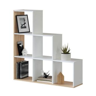 PEGANE Biblioth&egrave;que escalier cube coloris ch&ecirc;ne candiene / blanc artic - Hauteur 110 x Longueur 108 x Profondeur 28 cm -PEGANE