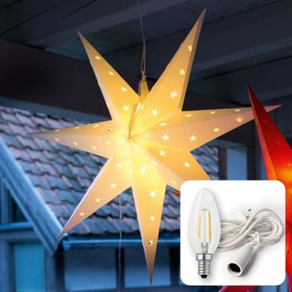 Hellum Weihnachtsstern Au&szlig;en und Innen, Stern Papierstern zum aufh&auml;ngen mit E14 Lampenfassung, wei&szlig; Stern Weihnachtsdeko Fenster mit 3m Netzkabel mit Schalte