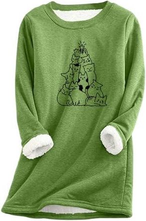 Generico Haut à manches longues pour femme avec arbre de Noël et chats avec imprimé doux, avec doublure polaire ajustée, vert, XXL