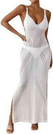 Generic 2026 Robe amincissante pour femme Robe longue sans manches fendue Maxi avec bretelles r&eacute;glables Coupe ajust&eacute;e, blanc, Taille unique