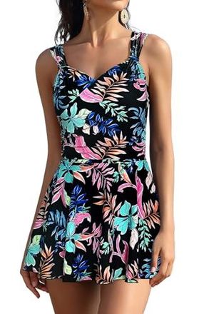 SHEKINI Maillot de bain une pi&egrave;ce pour femme - Jupe fronc&eacute;e - Grande taille - Avec short - Contr&ocirc;le du ventre, S